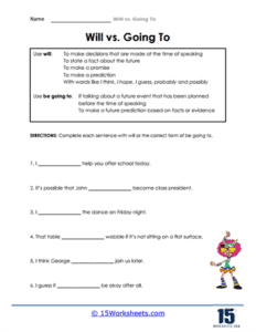 Will vs. Going To Worksheets | Intentions & Spontaneity - 15 Worksheets.com