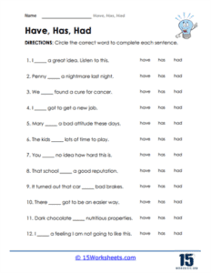 Have, Has, Had Worksheets | Auxiliary Verb Usage - 15 Worksheets.com