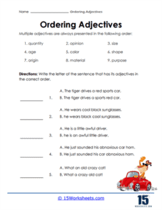 Order of Adjectives Worksheets | Opinion to Material Usage - 15 ...