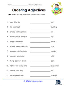 Order of Adjectives Worksheets | Opinion to Material Usage - 15 ...