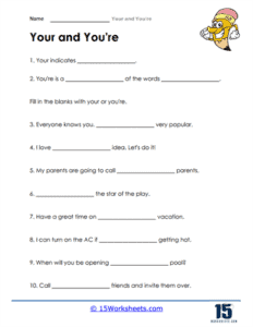Your vs. You're Worksheets | Grammar Practice - 15 Worksheets.com
