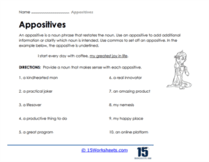 Appositives Worksheets | Phrase Expansion - 15 Worksheets.com