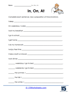 In, On, At Worksheets | Prepositional Grammar - 15 Worksheets.com