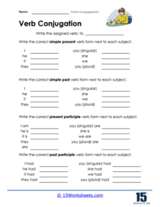 Verb Conjugation Worksheets | by Person, Tense & Mood - 15 Worksheets.com