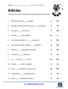 Articles of English Worksheets | Practice A, An & The - 15 Worksheets.com