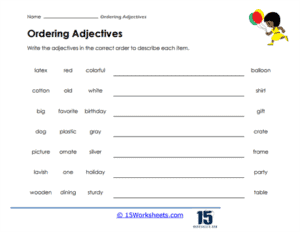 Order of Adjectives Worksheets | Opinion to Material Usage - 15 ...
