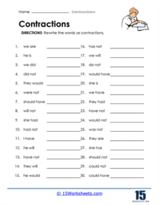 Contractions Worksheets | Grammar Reinforcement - 15 Worksheets.com