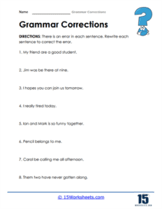 Grammar Corrections Worksheets | Sentence Repair - 15 Worksheets.com