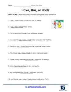 Have, Has, Had Worksheets | Auxiliary Verb Usage - 15 Worksheets.com
