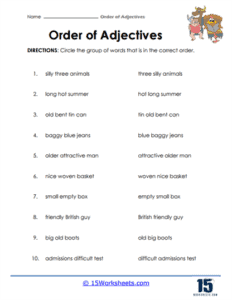Order of Adjectives Worksheets | Opinion to Material Usage - 15 ...