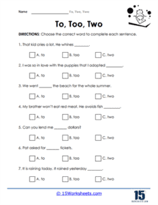 To, Too, Two Worksheets | Homophone Practice - 15 Worksheets.com