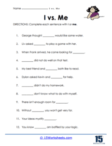 I vs. Me Worksheets | Subject vs Object Practice - 15 Worksheets.com