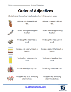 Order of Adjectives Worksheets | Opinion to Material Usage - 15 ...