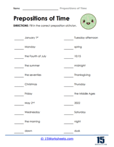 Prepositions of Time Worksheets | Duration, Sequence & Schedule - 15 ...