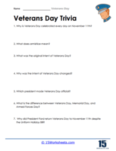 Veterans Day Worksheets | Holiday Series - 15 Worksheets.com
