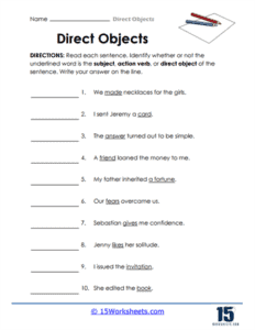 Direct Objects Worksheets | Identify Action Receivers - 15 Worksheets.com