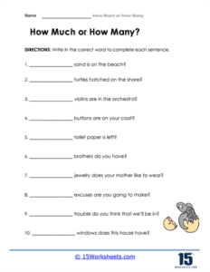 How Much or How Many Worksheets | Question Phrases - 15 Worksheets.com