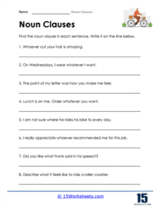 Noun Clauses Worksheets | Sentence Pattern Practice - 15 Worksheets.com