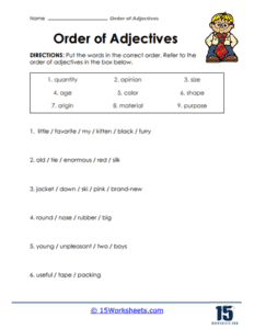 Order of Adjectives Worksheets | Opinion to Material Usage - 15 ...