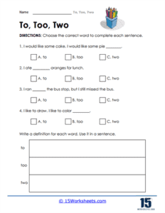 To, Too, Two Worksheets | Homophone Practice - 15 Worksheets.com