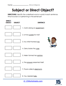 Direct Objects Worksheets | Identify Action Receivers - 15 Worksheets.com