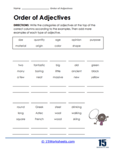 Order of Adjectives Worksheets | Opinion to Material Usage - 15 ...