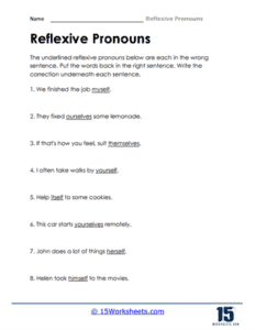 Reflexive Pronouns Worksheets | Self-Reference Exercises - 15 ...
