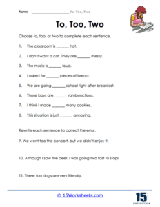 To, Too, Two Worksheets | Homophone Practice - 15 Worksheets.com