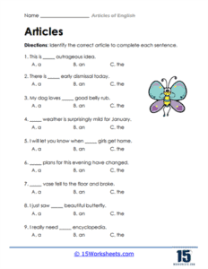Articles of English Worksheets | Practice A, An & The - 15 Worksheets.com