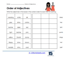 Order of Adjectives Worksheets | Opinion to Material Usage - 15 ...