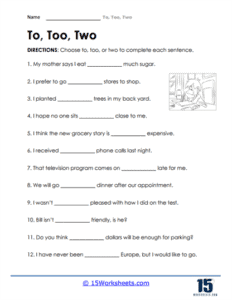 To, Too, Two Worksheets | Homophone Practice - 15 Worksheets.com