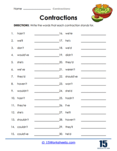 Contractions Worksheets | Grammar Reinforcement - 15 Worksheets.com