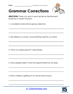 Grammar Corrections Worksheets | Sentence Repair - 15 Worksheets.com