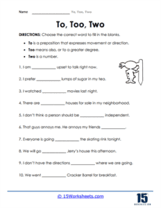To, Too, Two Worksheets | Homophone Practice - 15 Worksheets.com