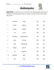 Antonyms Worksheets | Strengthen Word Power - 15 Worksheets.com