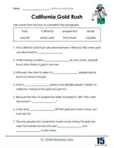 California Gold Rush Worksheets | Prospectors - 15 Worksheets.com