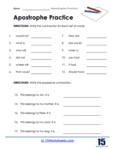Apostrophe Worksheets | Contraction Exercises - 15 Worksheets.com