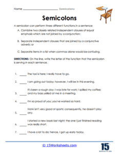 Semicolons Worksheets | Join Clauses For Clarity - 15 Worksheets.com