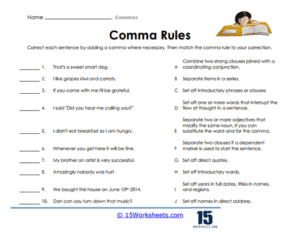 Commas Worksheets | Uses For Pause & Clarity - 15 Worksheets.com