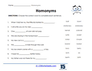 Homonyms Worksheets | Same Sounding Words - 15 Worksheets.com
