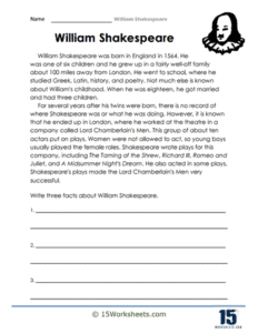 William Shakespeare Worksheets | Life and Works - 15 Worksheets.com