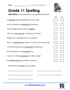 Grade 11 Spelling Worksheets | Corrections & Context - 15 Worksheets.com
