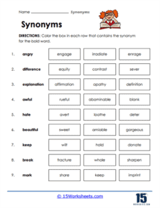Synonyms Worksheets | Context & Fluency - 15 Worksheets.com