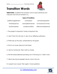 Transition Words Worksheets | Linking Ideas - 15 Worksheets.com