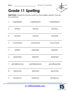Grade 11 Spelling Worksheets | Corrections & Context - 15 Worksheets.com