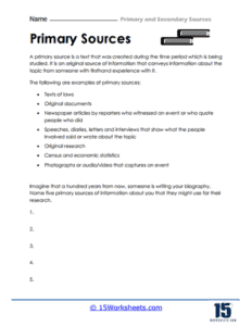 Primary and Secondary Sources Worksheets - 15 Worksheets.com