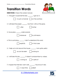 Transition Words Worksheets | Linking Ideas - 15 Worksheets.com