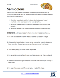 Semicolons Worksheets | Join Clauses For Clarity - 15 Worksheets.com