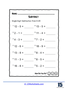 Subtract Within 20 Worksheets - 15 Worksheets.com