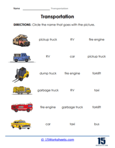 Transportation Worksheets | Vehicle Names - 15 Worksheets.com